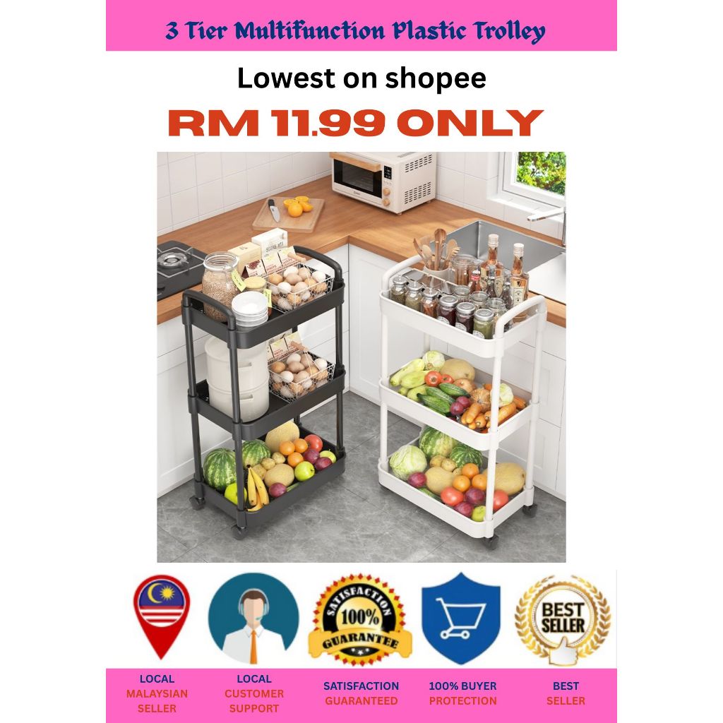 3 Tier PP Plastic Trolley Multi-Purpose Kitchen Trolley Rolling Utility ...