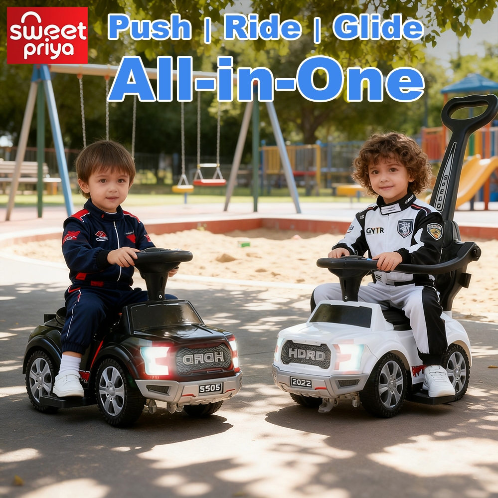 Baby Push Car 3 in 1 With Handle 4 Wheels Music & Lights Ride On Car ...