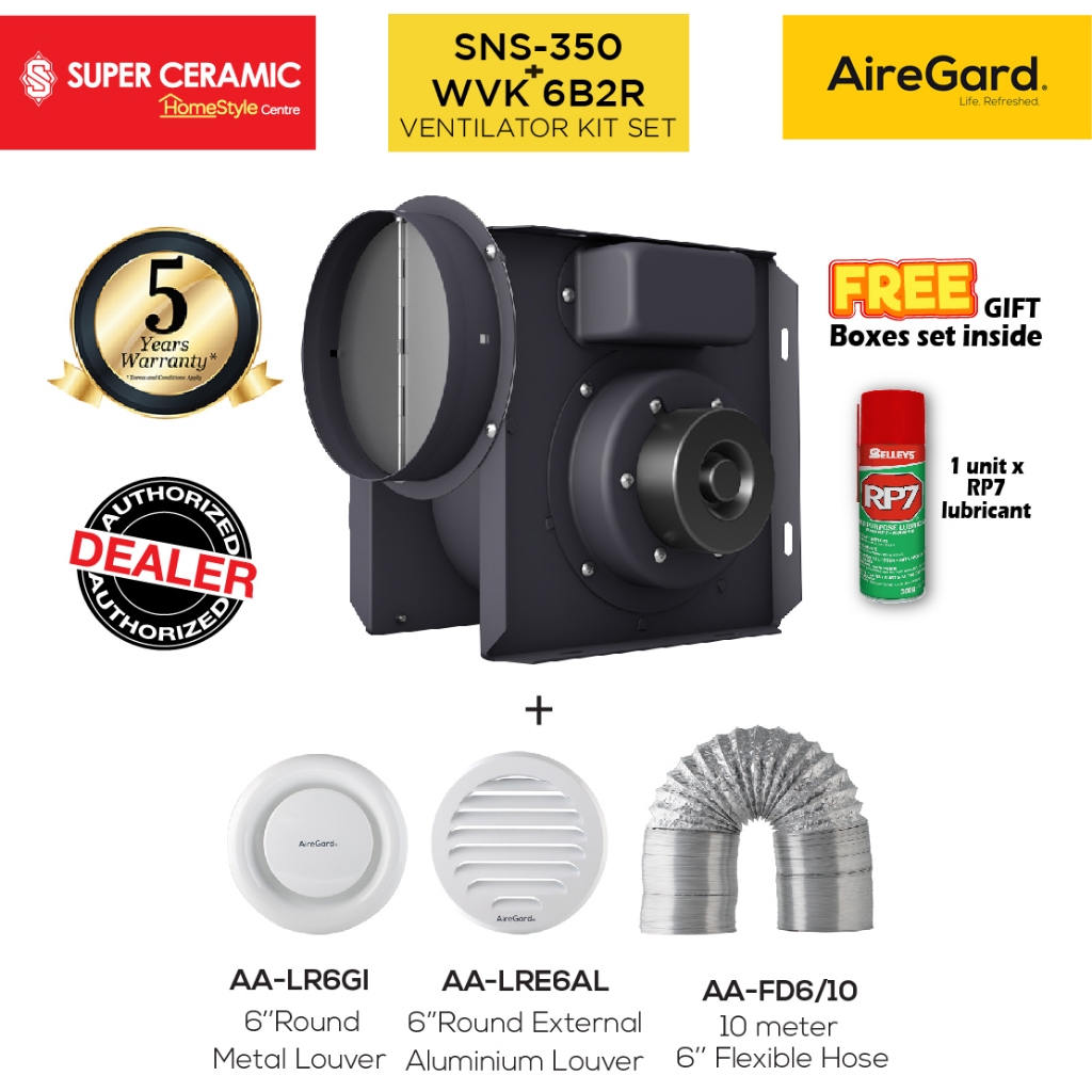 Airegard SNS-350 + WVK6B2R Exhaust Fan Ventilator with (6”) In-Line ...