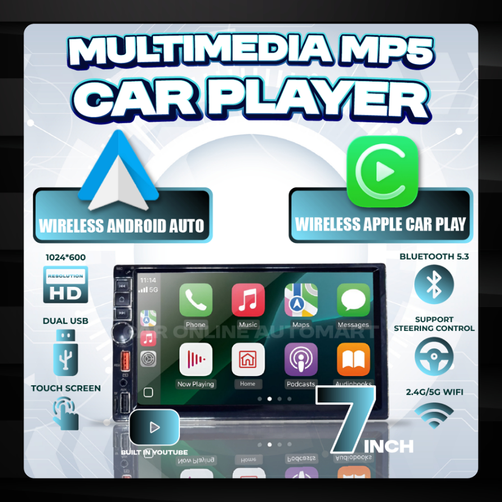 Double Din Universal Multimedia 7” MP5 Car Player APPLE CAR PLAY ...