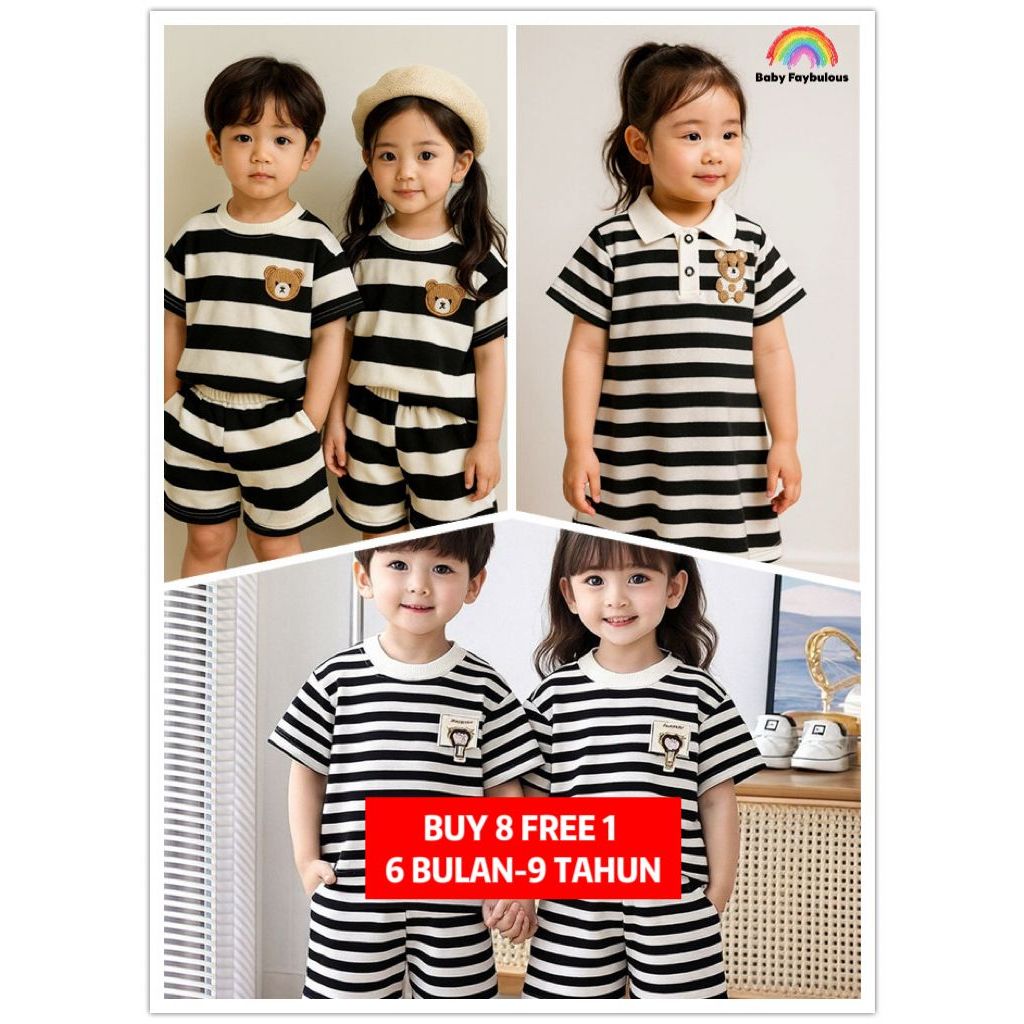 Baby Faybulous Korea Trendy Cotton Blend Baju Jalan Sets Unisex Stripe ...