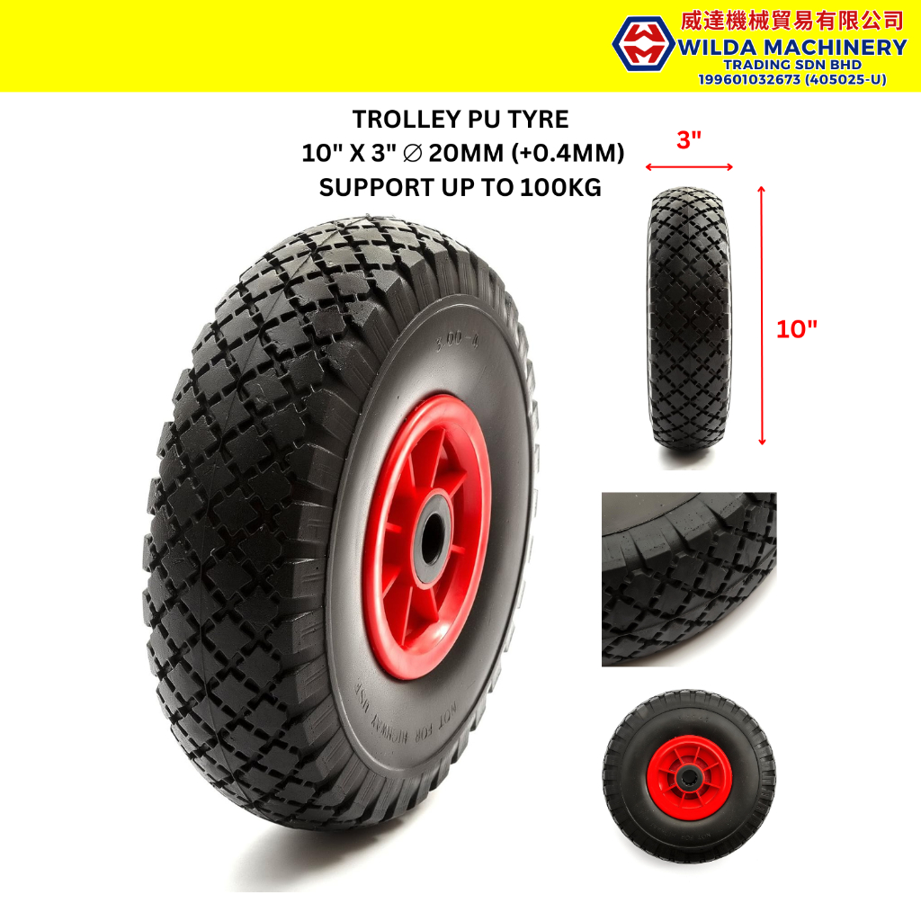 TROLLEY PU TYRE 10" x 3" ⌀ 20MM (+0.4MM) SUPPORT UP TO 100KG | Shopee ...