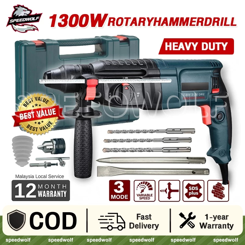 2200W Rotary Hammer Drill Power Impact With Handle Chisel Concrete ...