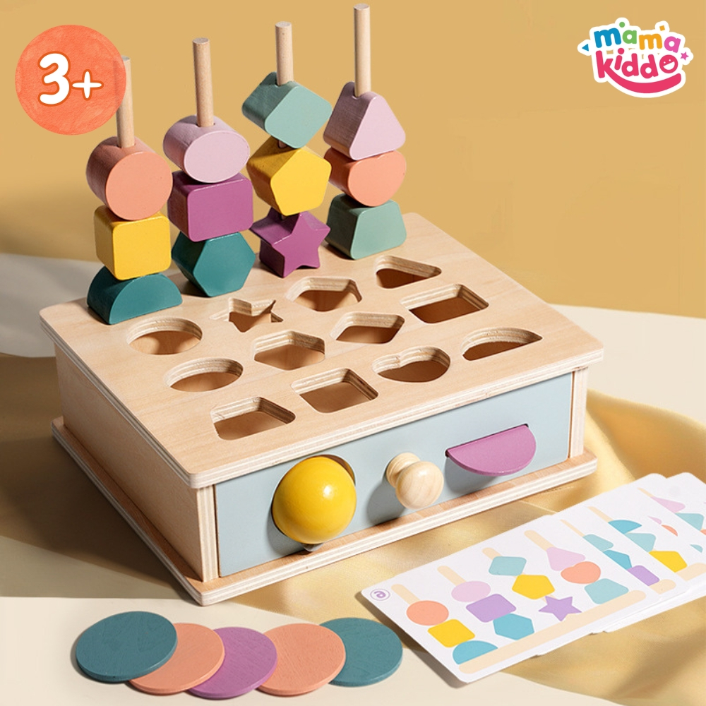 Mamakiddo 4-in-1 Wooden Montessori Educational Toy Shape Sorter Lacing ...