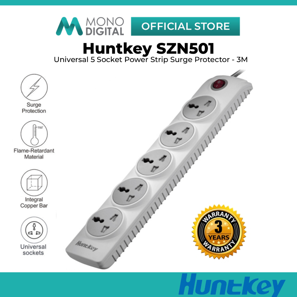 HUNTKEY SZN501 5 PLUGS 3METER POWER STRIP THUNDER SURGE PROTECTOR ...