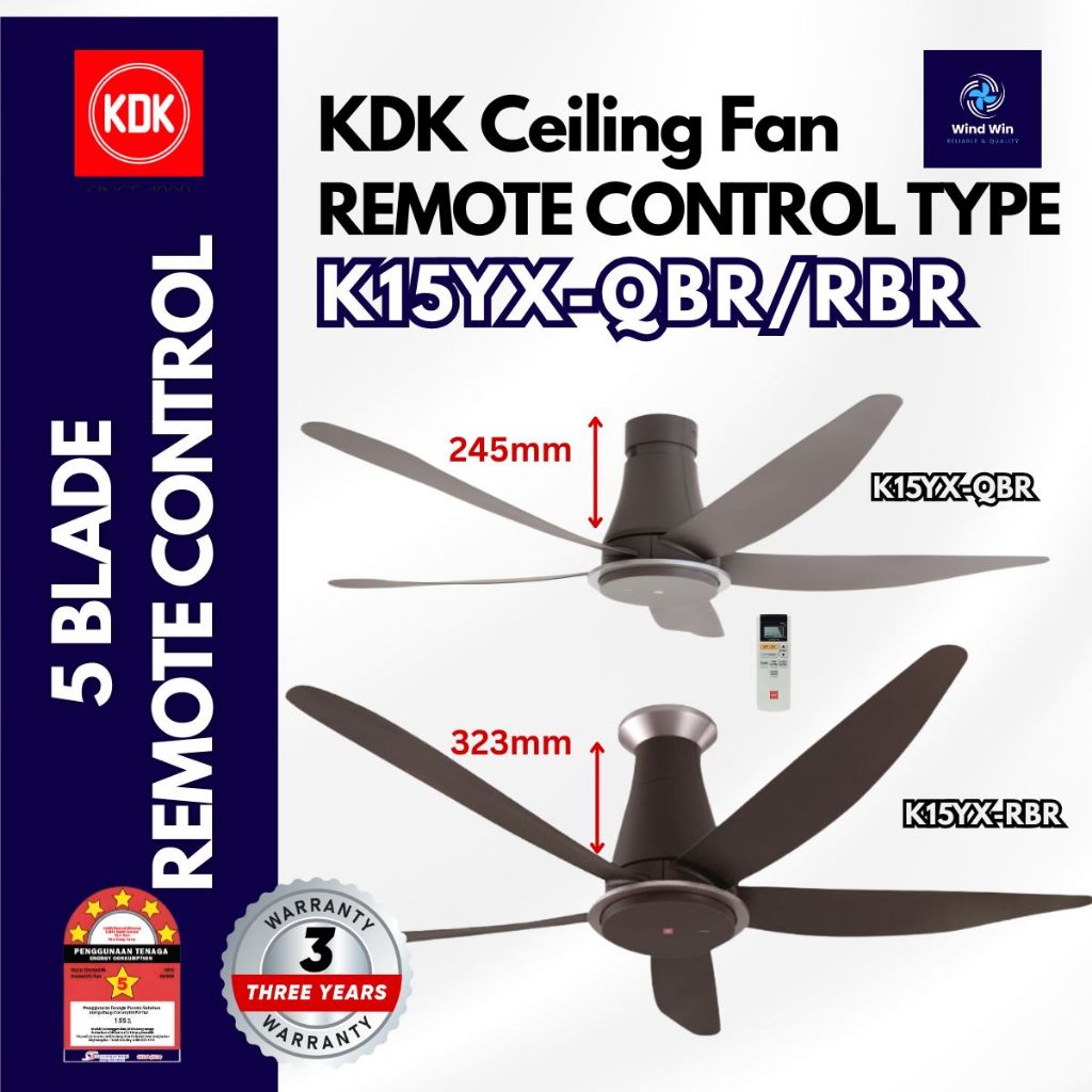 KDK K15YX-QBR /K15YX-RBR 60" Short/Long Pipe 5 Blades Brown Ceiling Fan ...