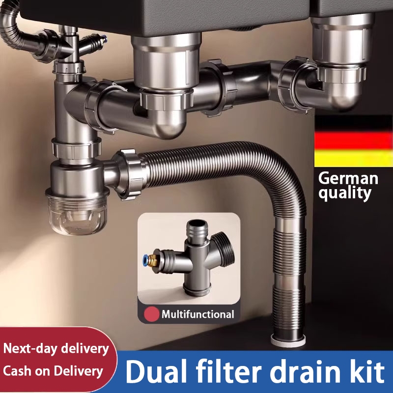 Stainless Steel Kitchen Sink Drain Pipe Double Groove Drain Pipe Full ...