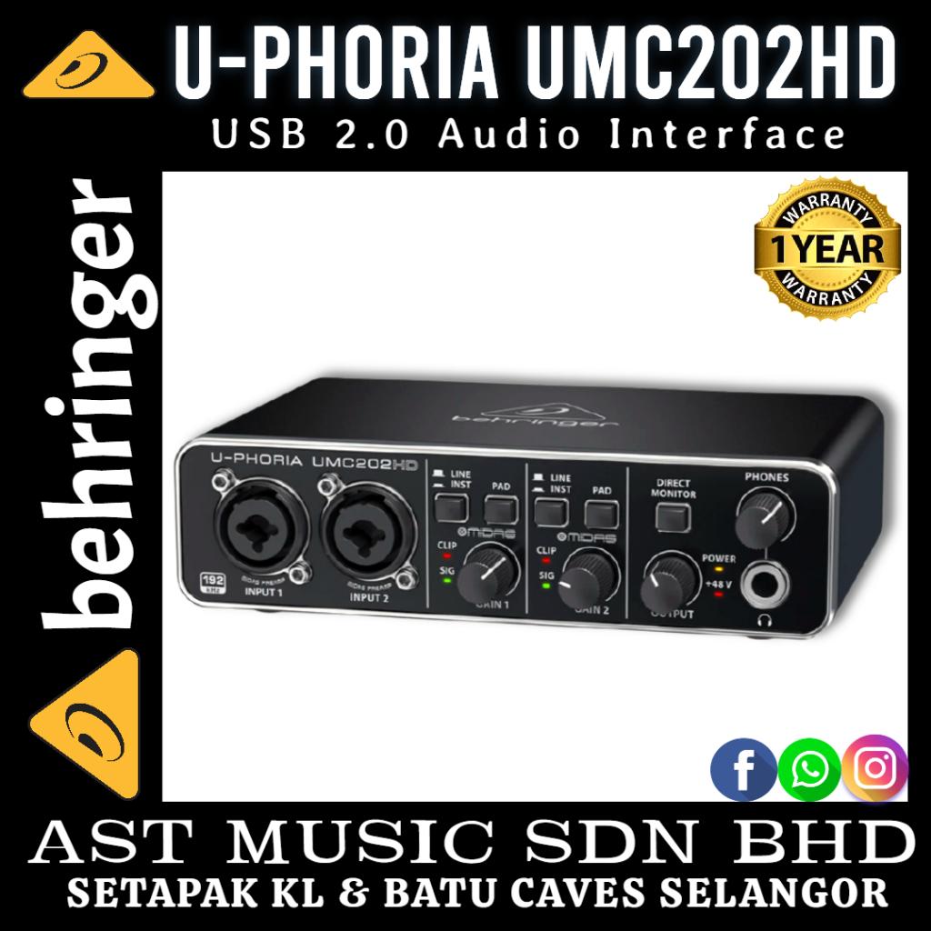 Behringer UMC-202HD USB Audio Interface with Midas Mic Pre-amplifiers ...