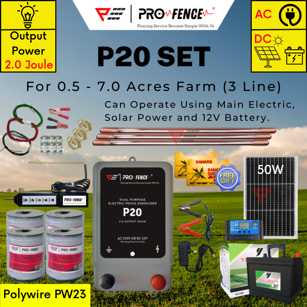 Pro Fence P20 Set Polywire for 0.5-7 Acre Electric Fence Set Pagar ...