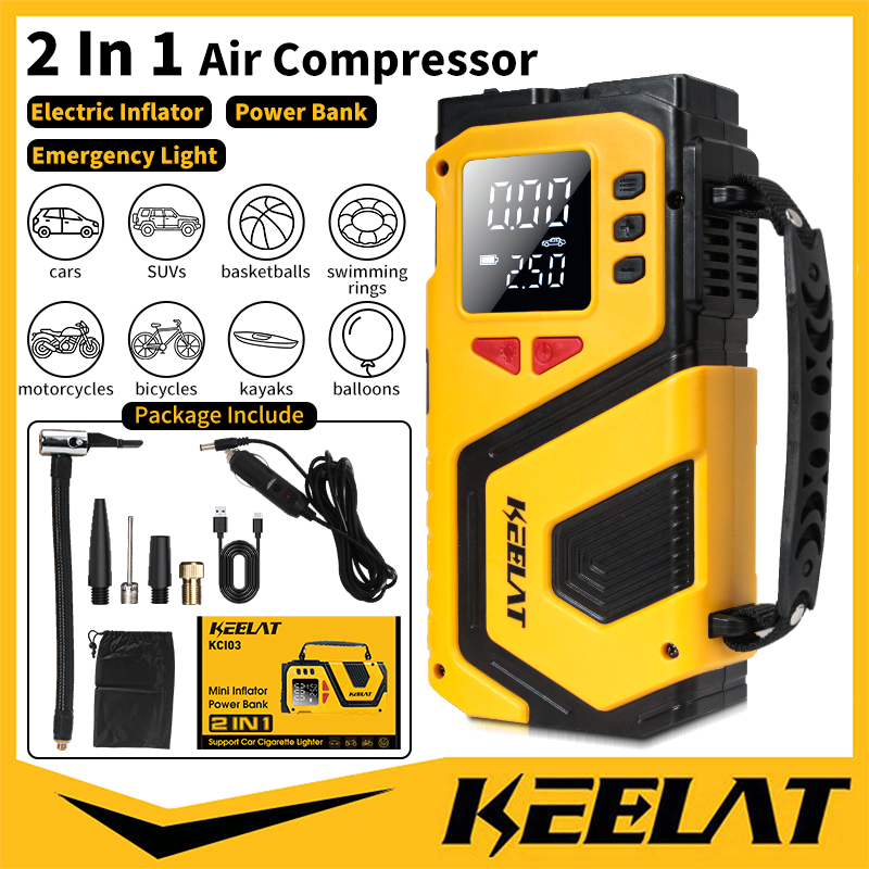 KEELAT LED Portable Electric Inflator 2 In 1 Cordless Air Pump Power ...