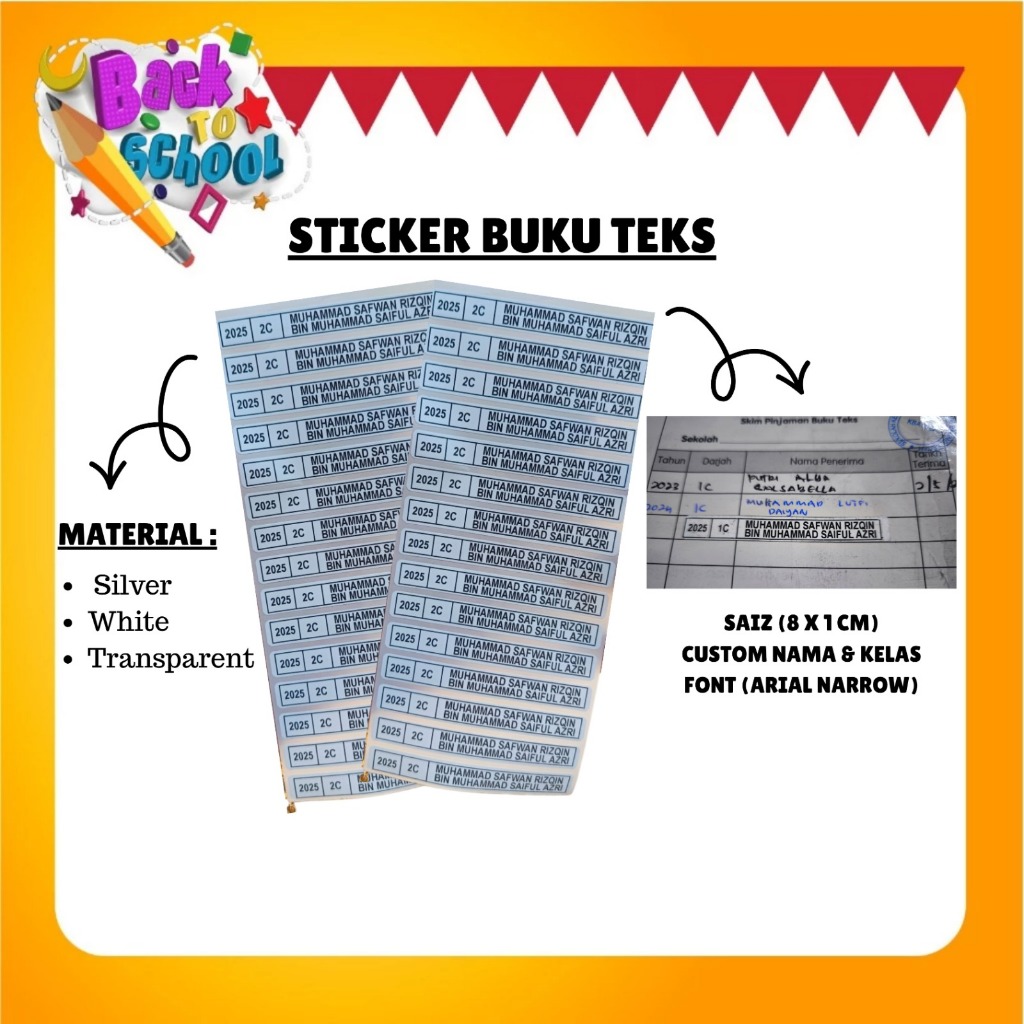 Sticker Buku Teks Custom Nama & Kelas | Label Buku Sekolah | Stiker ...