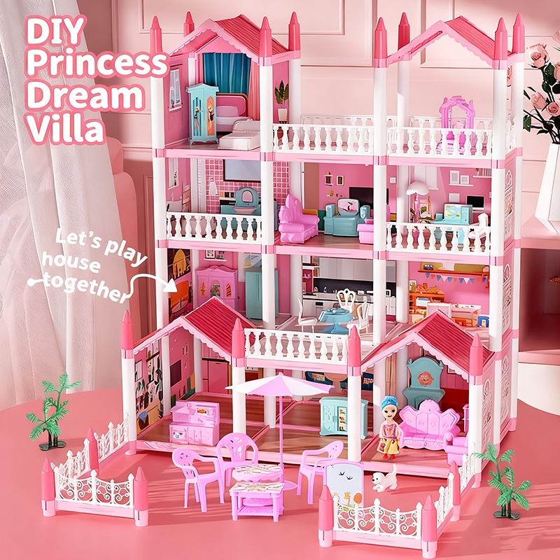 Villa Toys Girls Pretend Play Set Big DIY Doll House Princess Villa ...