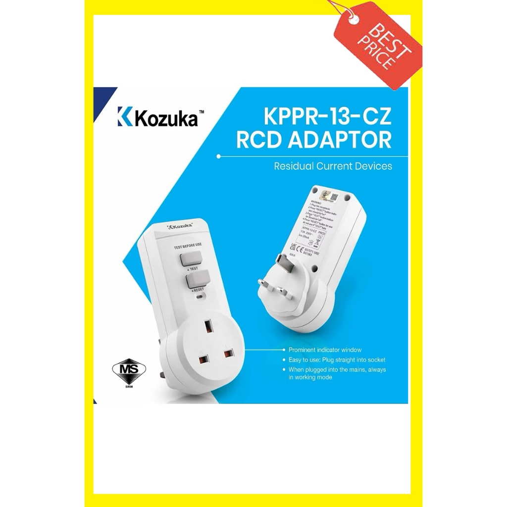 KOZUKA 13A PLUG IN Portable ELCB RCD RCCB Socket Adaptor 30mA with ...