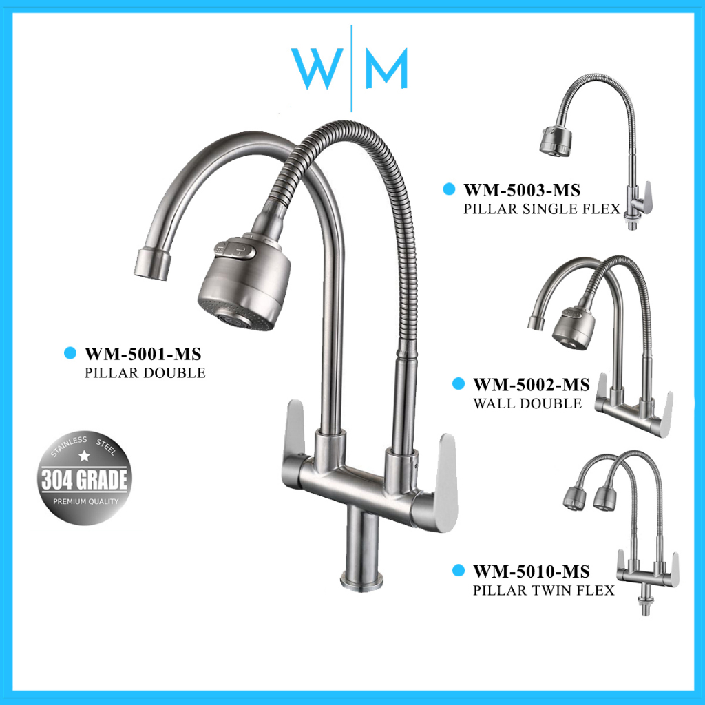 WM Kitchen Faucet Double Flexible Shower Stainless Steel SUS 304 Pillar ...