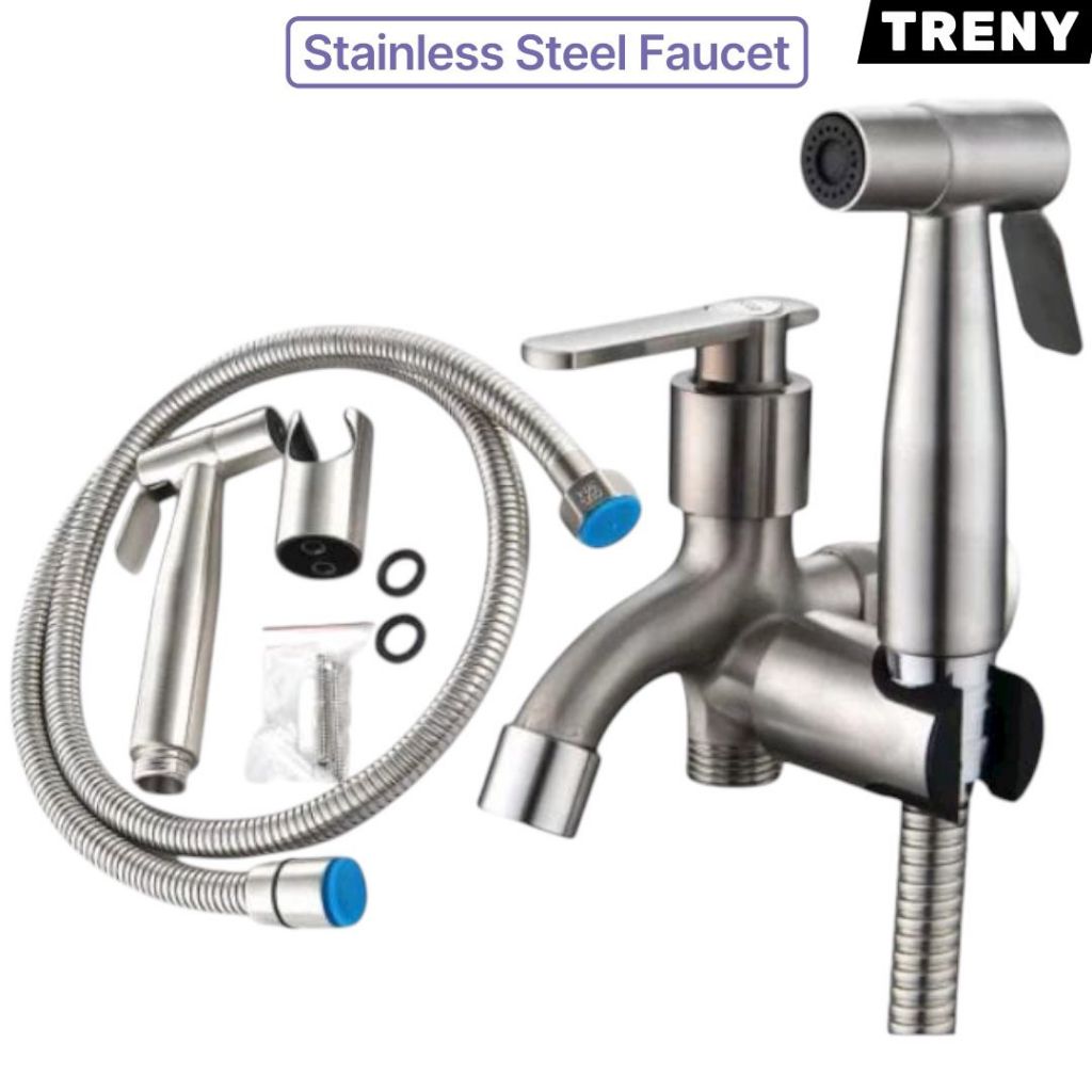 FULL SET Stainless Steel 2 Way Tap Bathroom Bidet Spray Holder Hose Hos ...