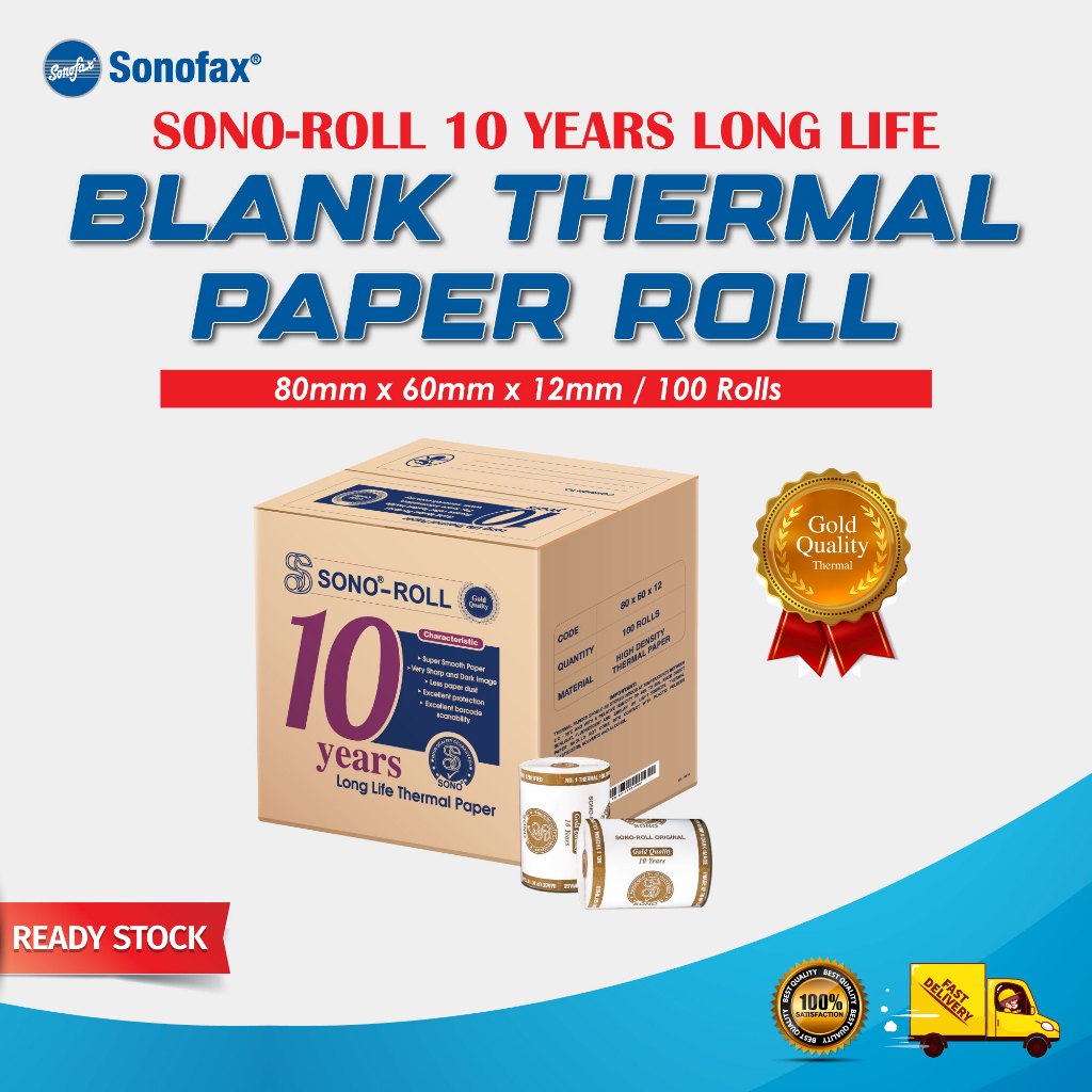 SONO-ROLL 10 Years Long Life Blank Thermal Paper Roll / 80mm x 60mm x ...