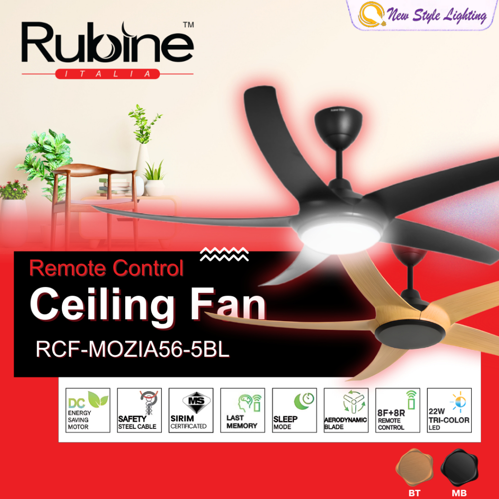 Rubine RCF-MOZIA56-5BL 56" DC Motor 16 Speed Remote Control 5 Blades ...
