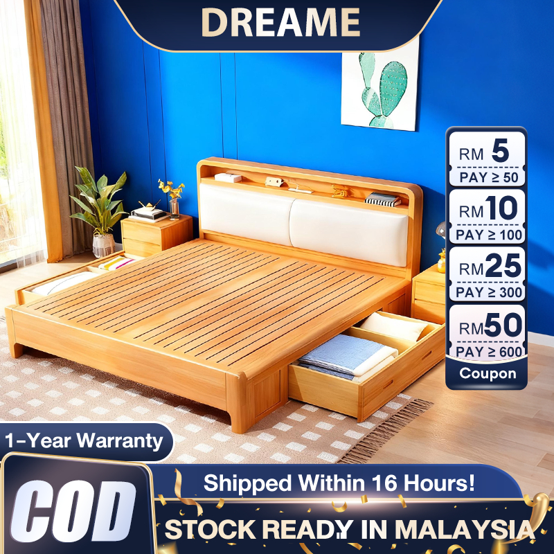 𝑫𝑹𝑬𝑨𝑴𝑬 Solid Wood Bed Frame Katil Queen Bed Frame With Headboard Soft ...