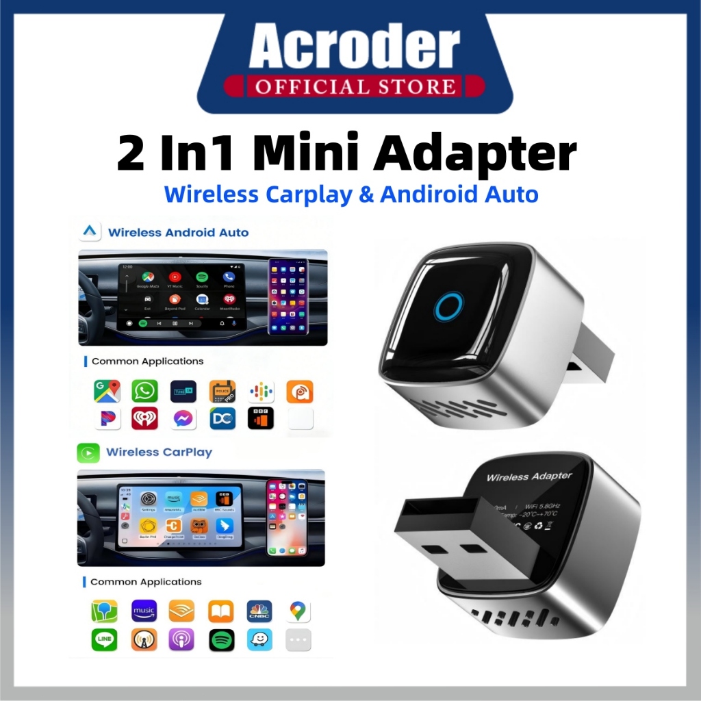 Acroder B5 Wireless CarPlay Android Auto Plug and Play Switch Between 2 ...