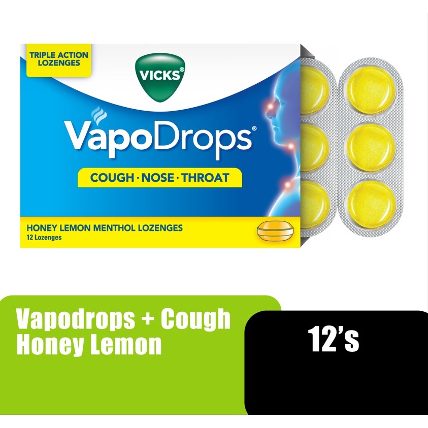 Vicks VapoDrops Honey Lemon Menthol Cough Nose Throat Drop Lozenges 12 ...