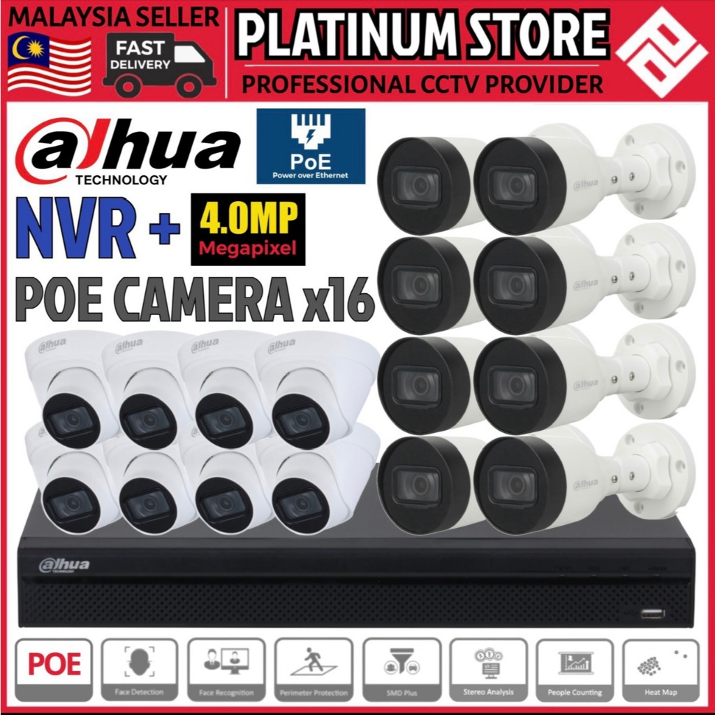 DAHUA 4.0MP 16CH NVR + 16 POE IP 4MP Camera Full HD 1440P H265 CCTV CH ...