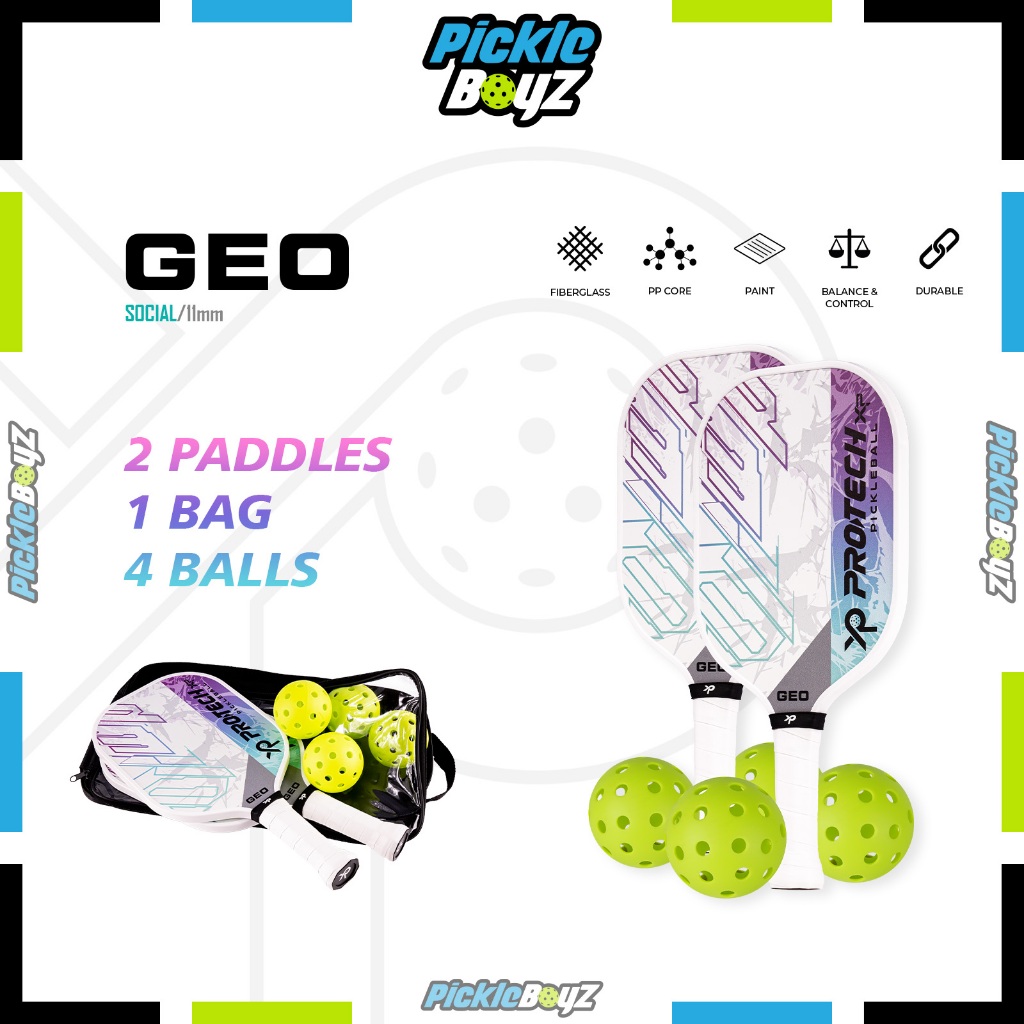Protech XP GEO Series Pickleball Paddle Combo Set 11mm | 2 Paddles + 4 Balls | Fibreglass Smooth ...