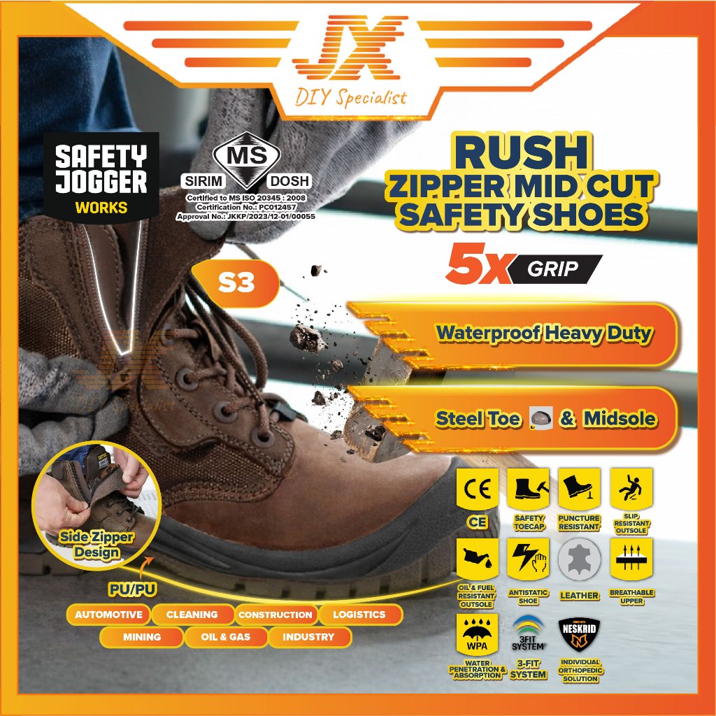 Safety Jogger Safety Shoes RUSH Safety Shoes with Zip Brown Middle Cut ...