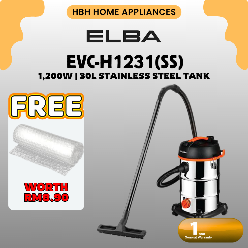 Elba Wet & Dry Vacuum Cleaner EVC-H1231(SS) | 30L Stainless Steel Tank ...
