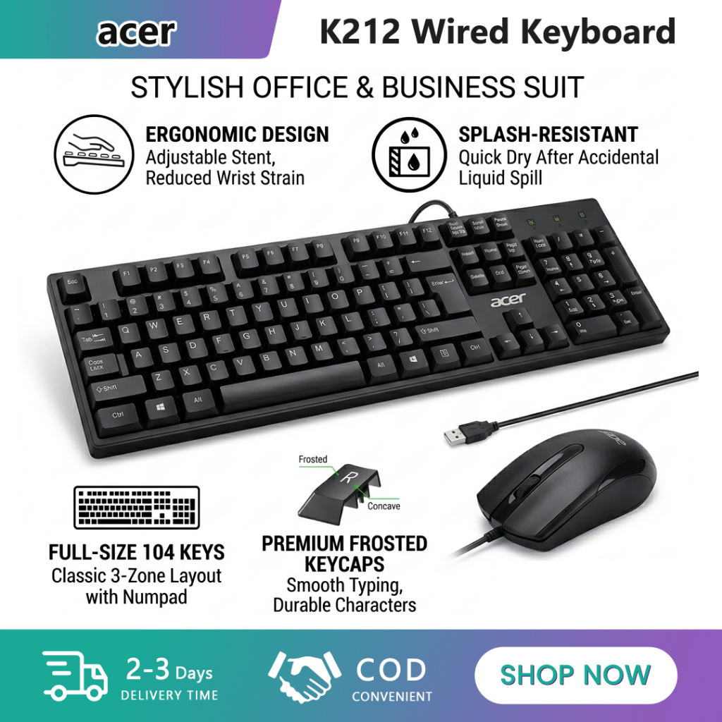 Acer Wired Keyboard K212 – Ergonomic Spill-Resistant Dustproof Full ...