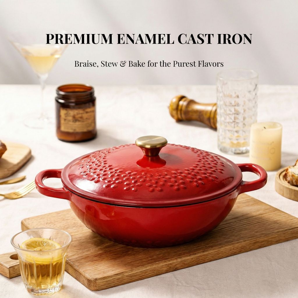 Rhomie 3L Cast Iron Enamel Casserole Pot with Embossed Lid Gradient Red ...
