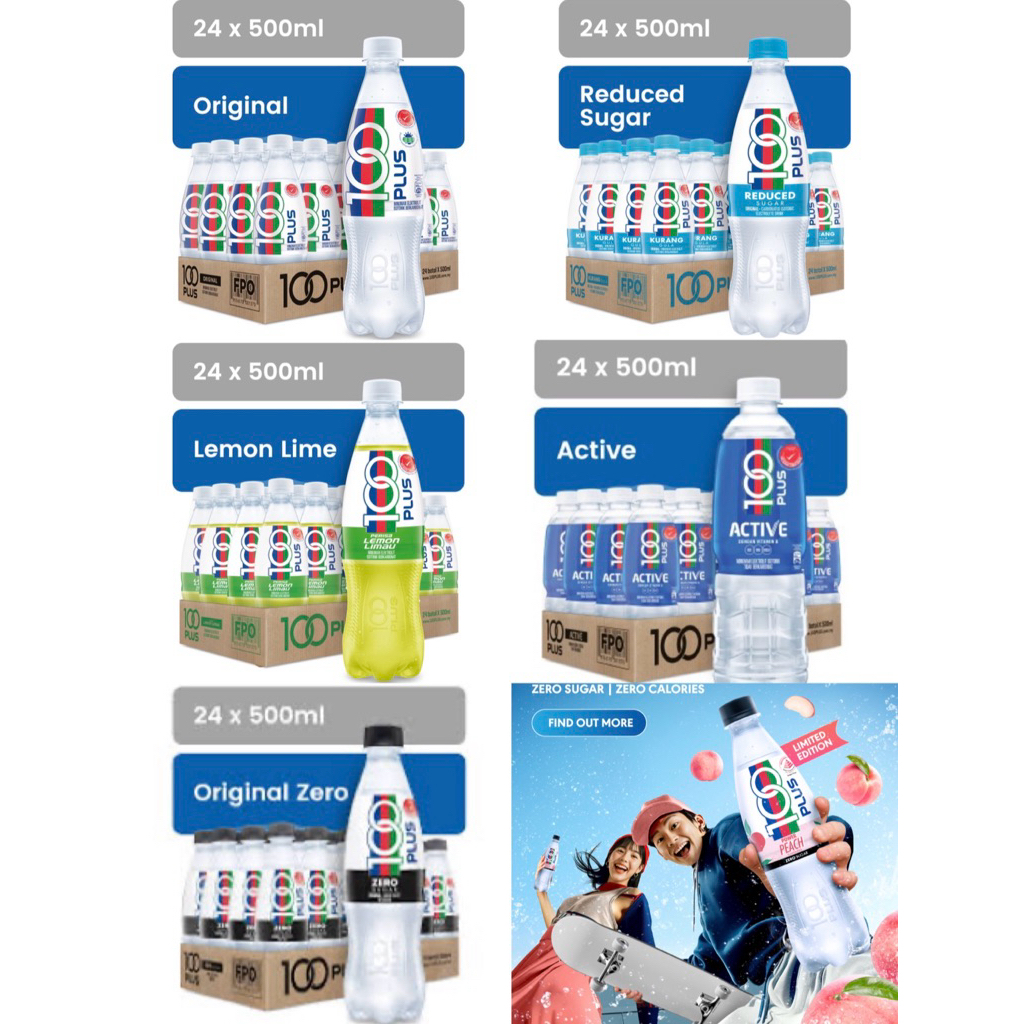 (Carton) 100 Plus 24x500ml Original / Active / Reduce Sugar / Lemon ...
