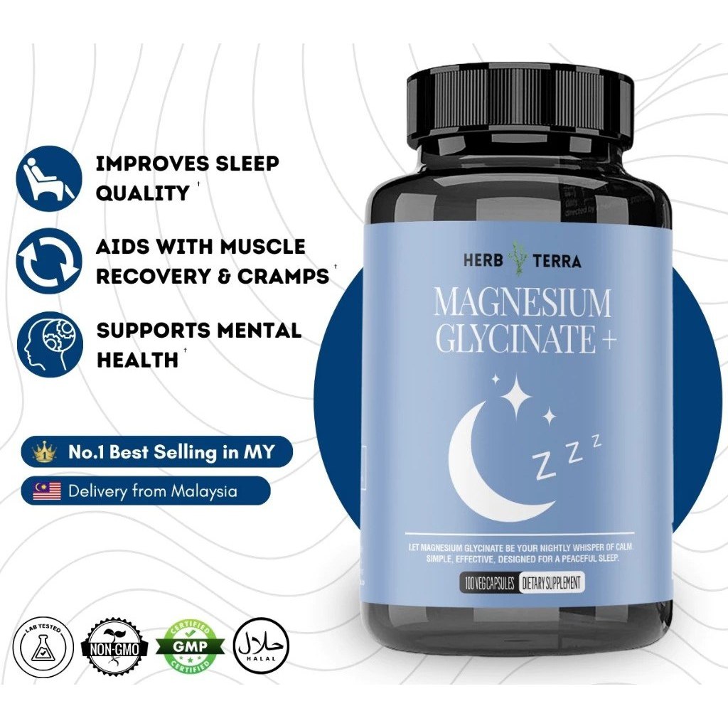 Herb Terra Magnesium Glycinate 500 mg per Serving, Dietary Supplement for Sleep, Heart, Nerve ...
