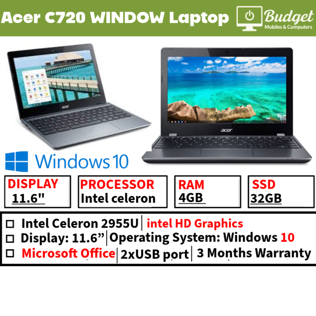 Acer C720 Laptop window 10 11.6 Inch 4GB Ram 128GB SSD Zooom Google ...