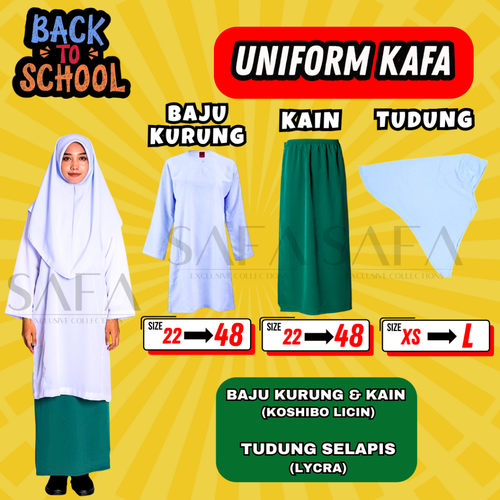 Baju Kurung Kafa Sekolah Rendah Putih Kain Hijau Gelap Sepasang Kain ...