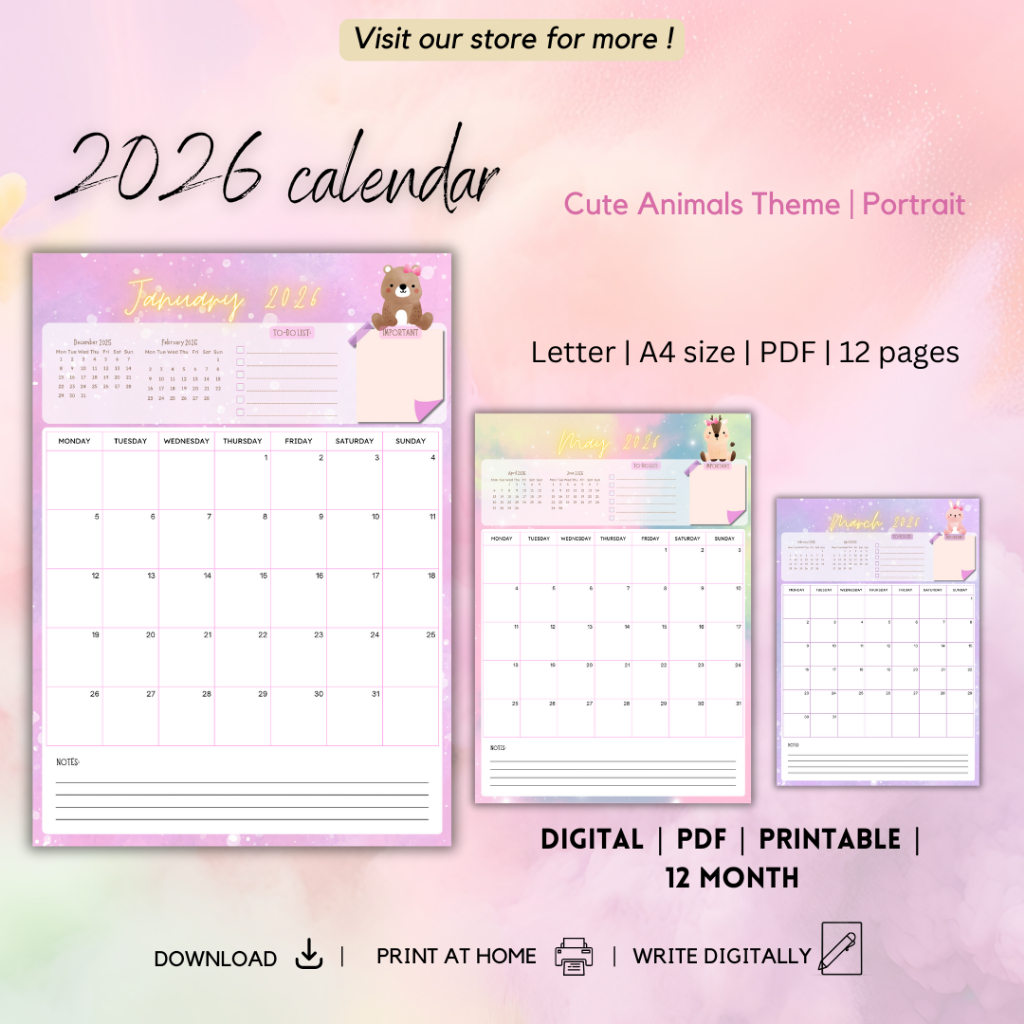 2026 CALENDAR | CUTE ANIMALS THEME | PDF | DIGITAL CALENDAR | PORTRAIT ...