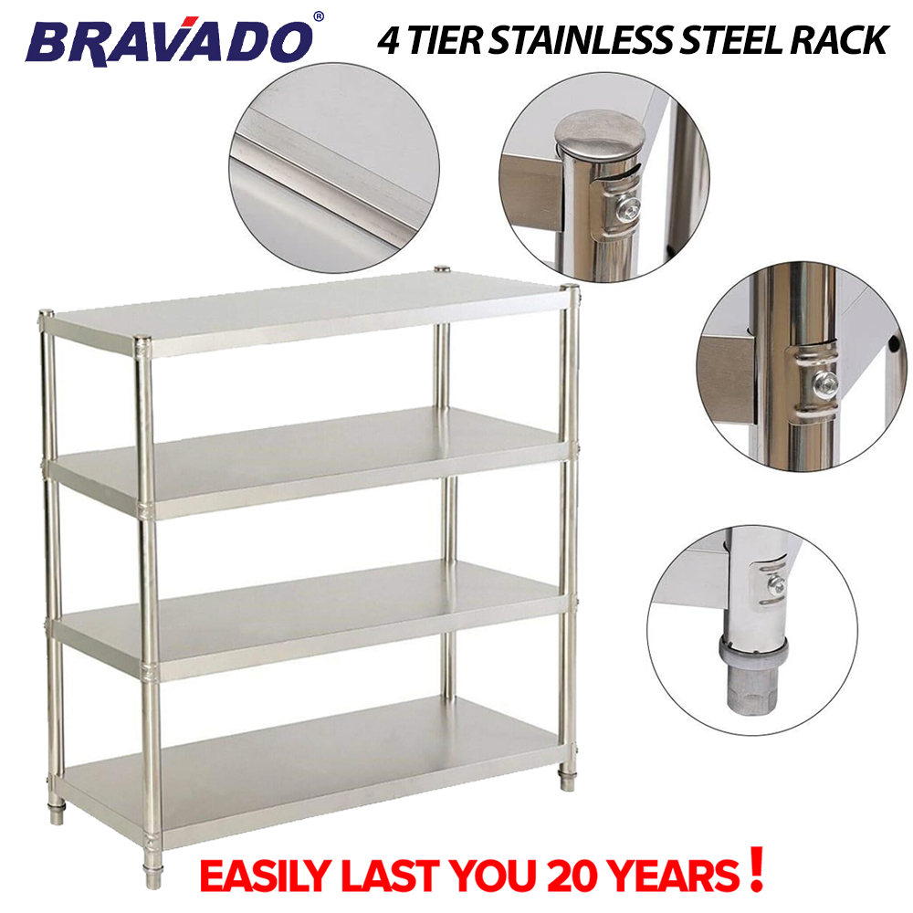 🔥SUS 304 🔥BRAVADO 4 TIER STAINLESS STEEL Storage Rack Shelf Plate Heavy ...