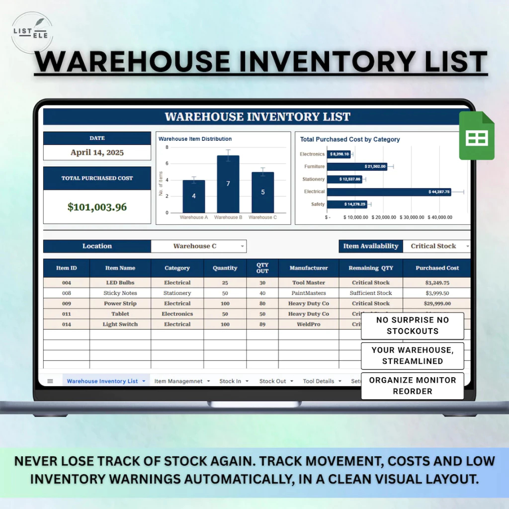 Excel Warehouse Inventory Management Spreadsheet Google Sheets Stock ...