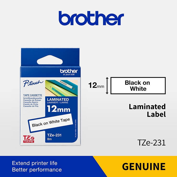 Brother Original TZe-231 Black on White 12mm Genuine Laminated Tape ...