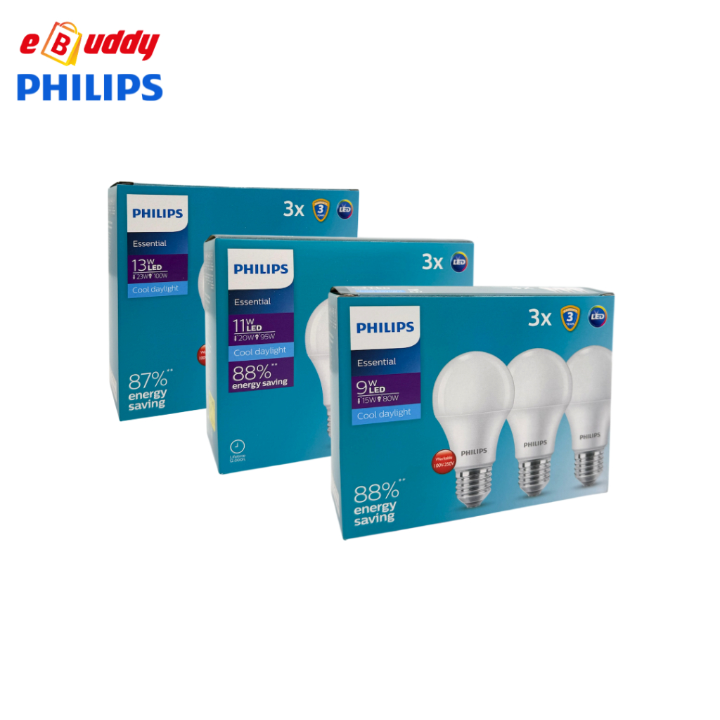 PHILIPS Multipack LED Essential Bulb 9W 11W 13W Daylight 6500K ( 3 pcs ...
