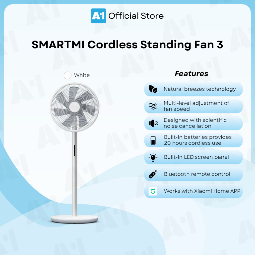 Smartmi Kipas Standing Fan 3 Tanpa Wayar Cordless Fan Up to 20 Hours ...