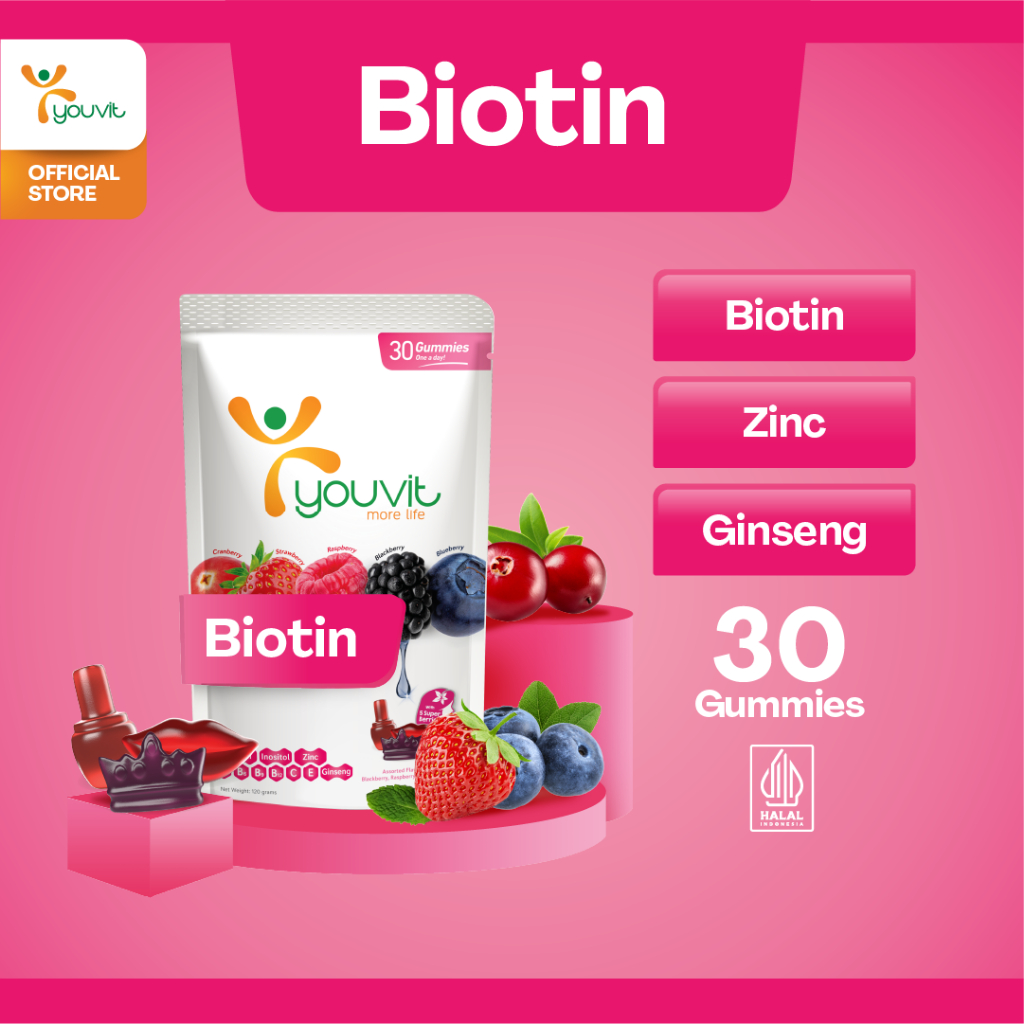 Youvit Biotin Gummy 30 Days (30 Pcs) Vitamin Rambut Gugur with Ginseng ...