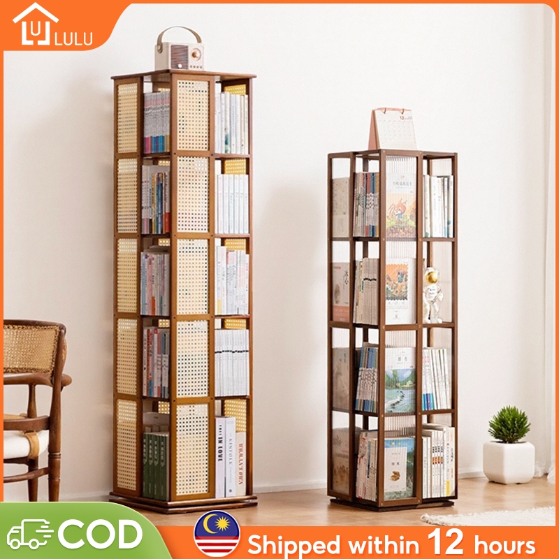 LULU Rotating Bookshelf Rak Buku Rattan/Acrylic Floor Standing Books ...