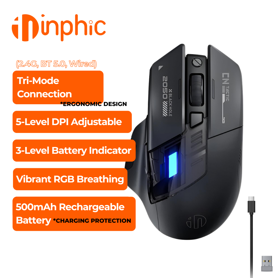 Inphic A9 Explorer v2 RGB Wireless Mouse Rechargeable Bluetooth5.0+2.4G & Wired Connection ...