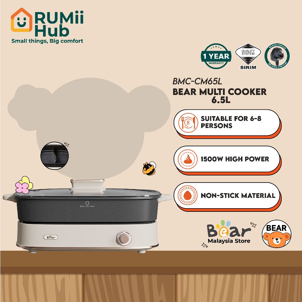 RUMii 🏠 Bear Multi Cooker 6.5L Dual Pot 2in1 Non-stick Grill Pan Hot ...