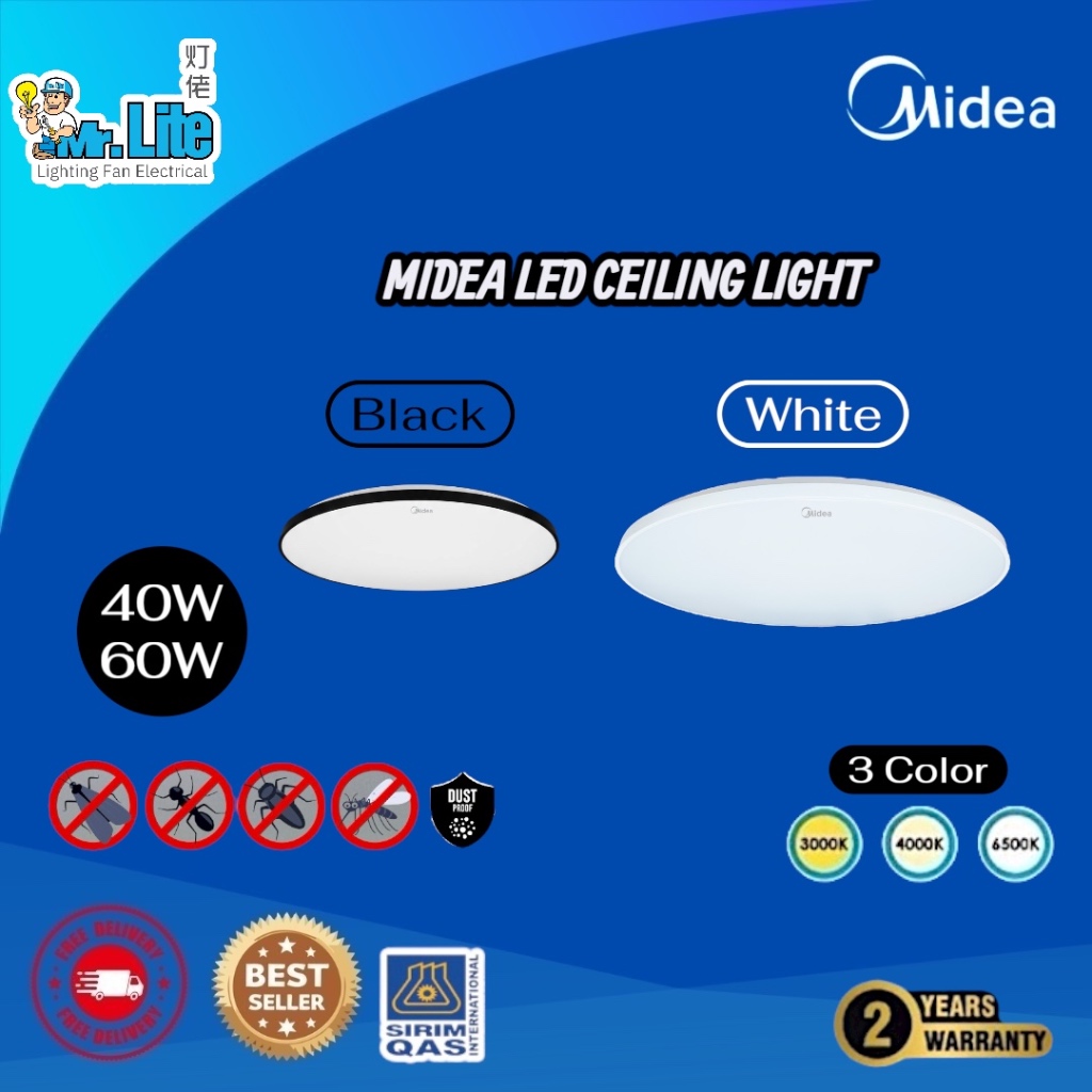 Midea Led Ceiling Light Indoor /Outdoor40W/60W 3 Colour WW/CW/DL (Black ...