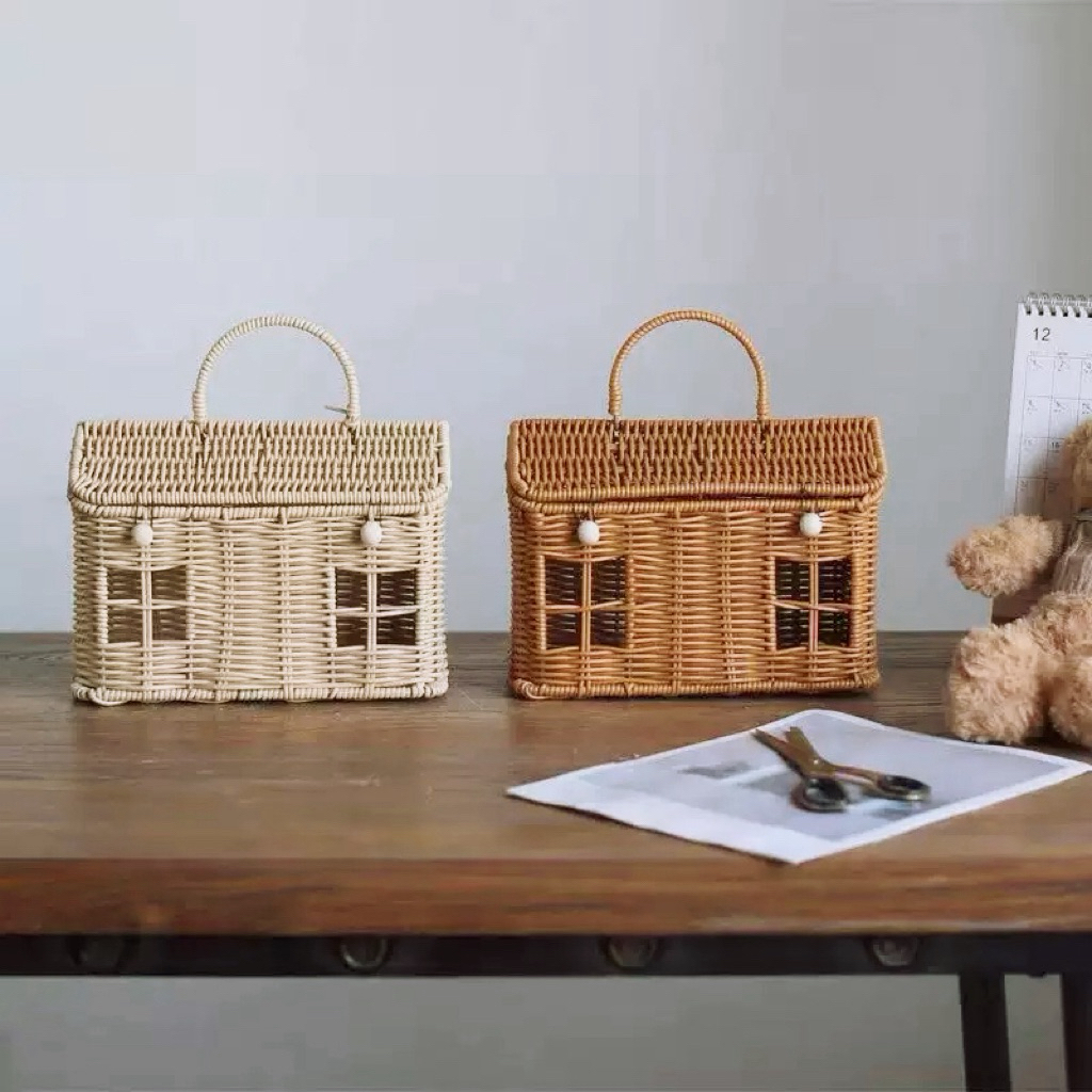 Rattan House Shaped Basket with Lid with Folding Handle for Picnics ...