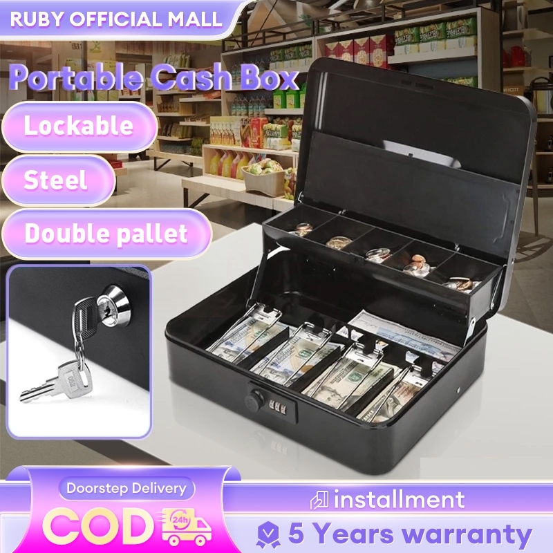 Metal Cash Box with Lock Safety Box Petty Cash Box With Money Tray ...