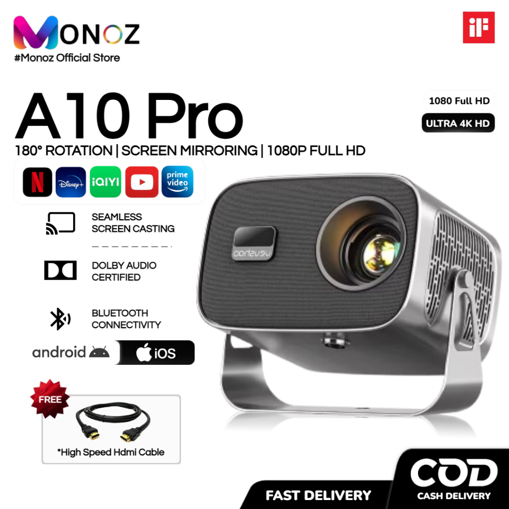 Monoz A10 PRO Android IOS Smart LED Projector with 5G WIFi Auto Focus ...