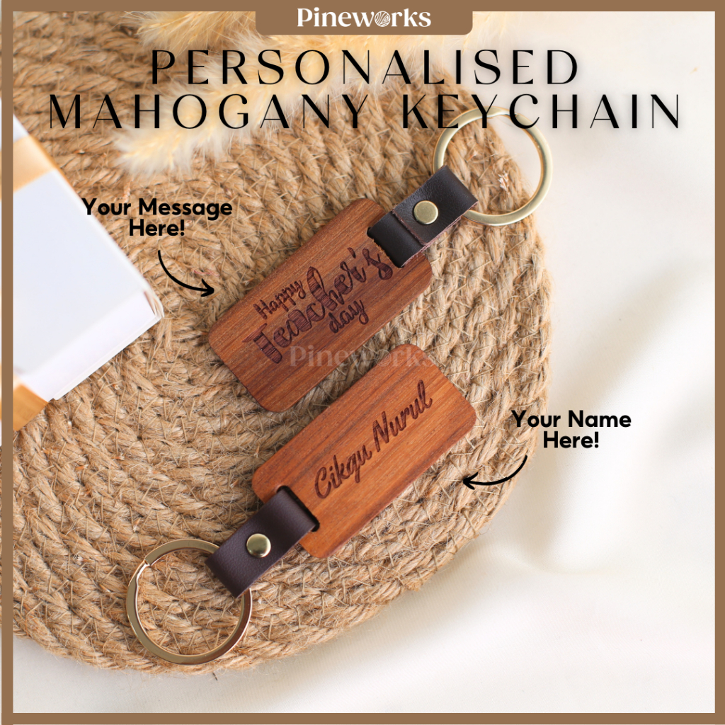 Leather Wood Keychain Walnut Wood Ukiran Nama Logo Mesej Hadiah Hari ...