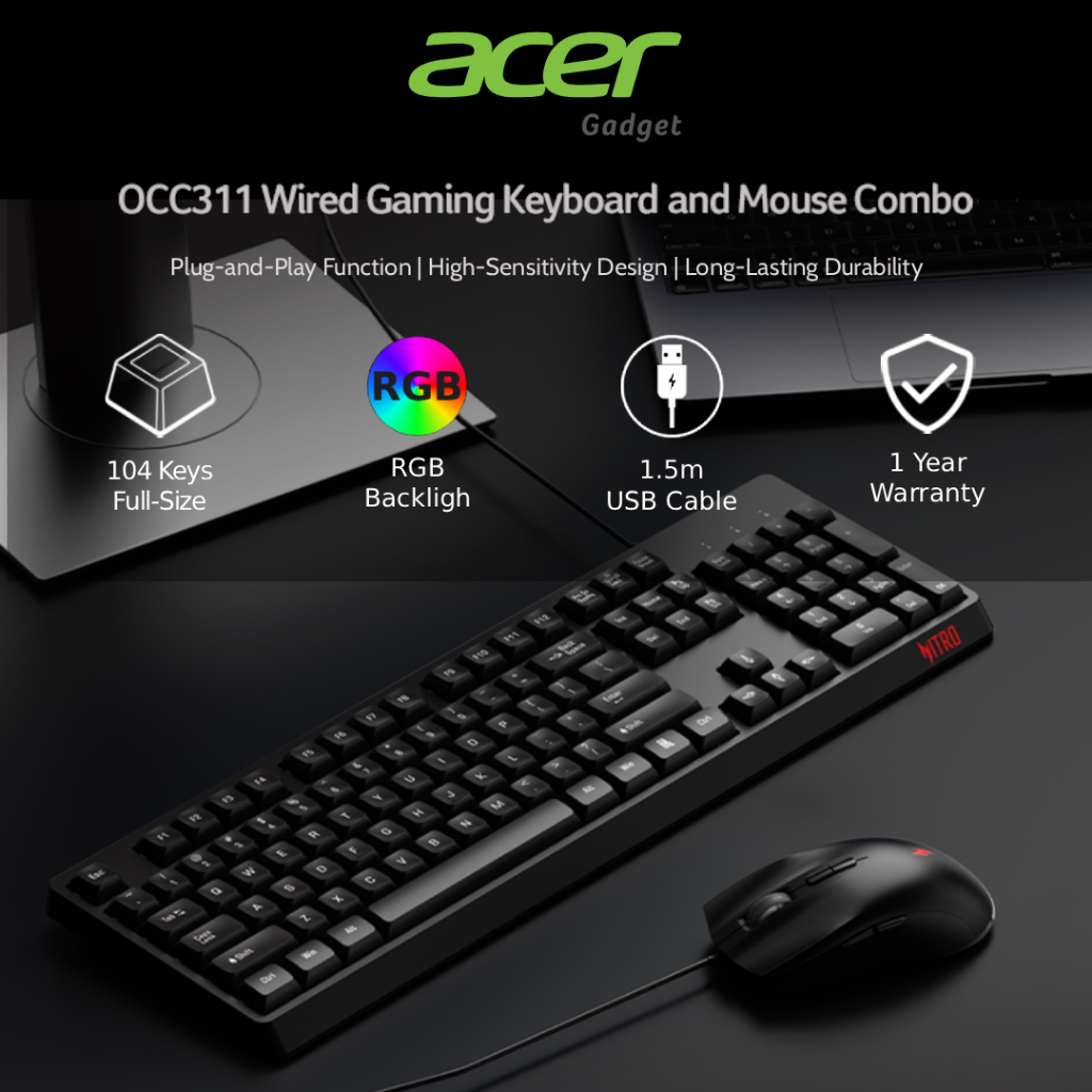 Acer NITRO OCC311 Wired Gaming Keyboard and Mouse Combo Set USB No Lag ...